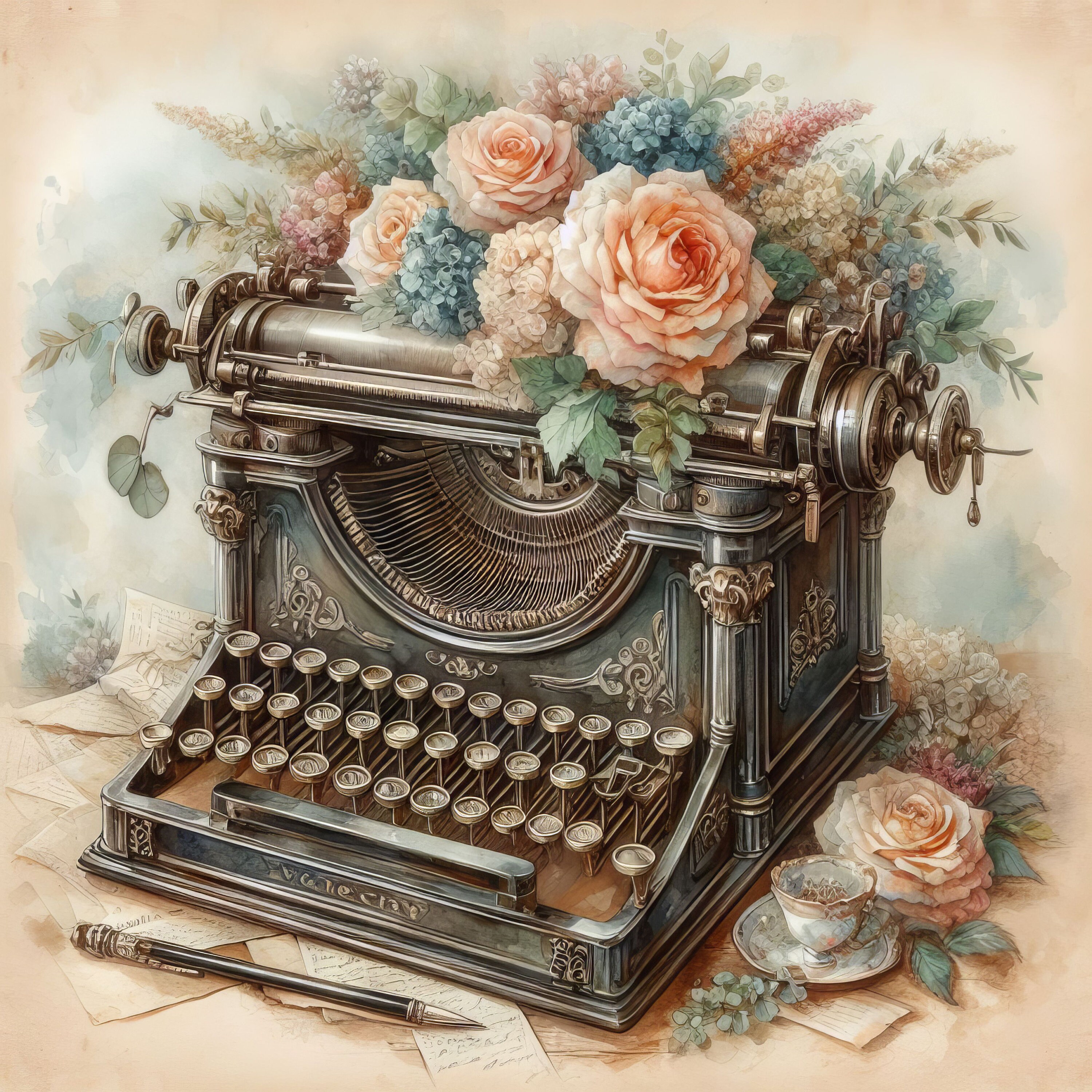 Victorian Typewriter: Clip Art, 10 High Res Watercolor Jpgs, Junk ...