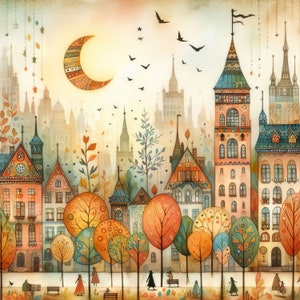 Whimsical Autumn City Clip Art 10 High Res Watercolor Jpgs Junk ...