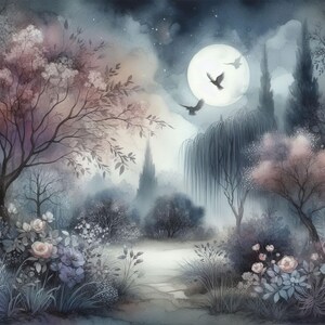 Fantasy Moonlit Garden Clip Art 10 High Res Watercolor Jpgs for Junk ...