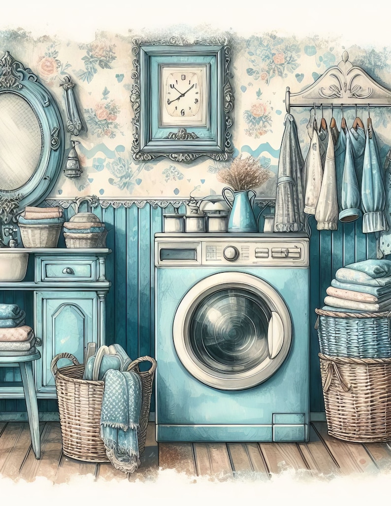Blue Laundry Room Clipart Bundle 10 High Res Watercolor Jpgs for Junk ...