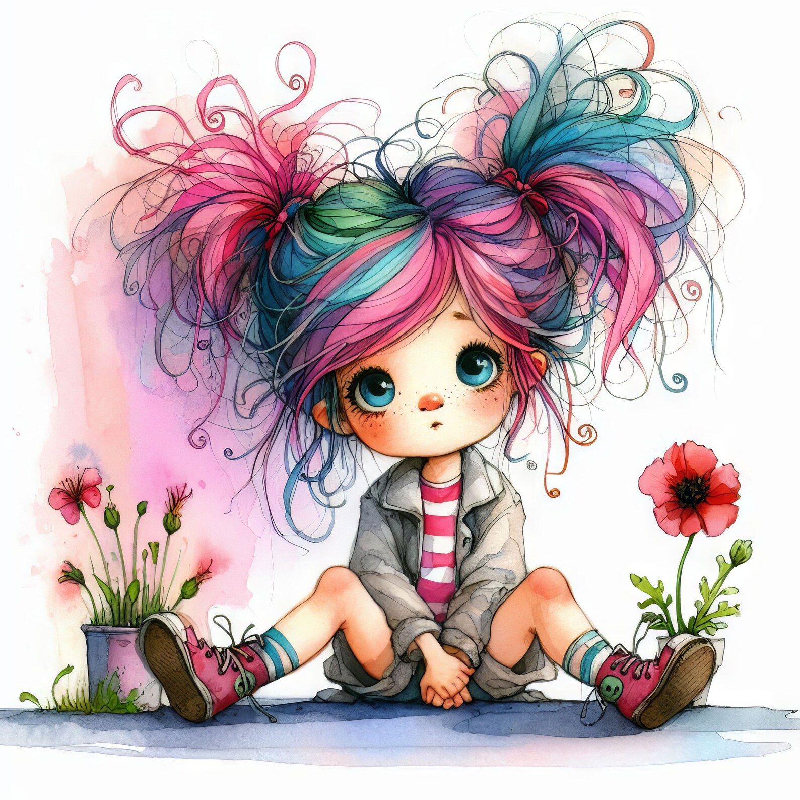 Quirky Little Girl: Clip Art, 10 High Res Watercolor Jpgs, Junk ...