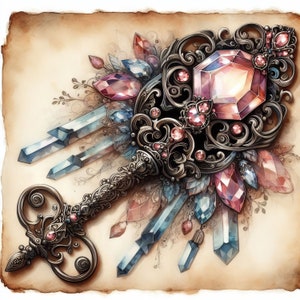 Gothic Jeweled Key Clip Art 10 High Res Watercolor Jpgs for Junk ...