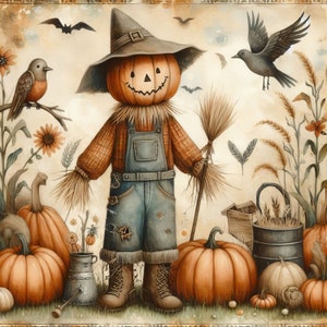 Whimsical Scarecrow in Pumpkin Patch: Clip Art, 10 High Res Watercolor ...