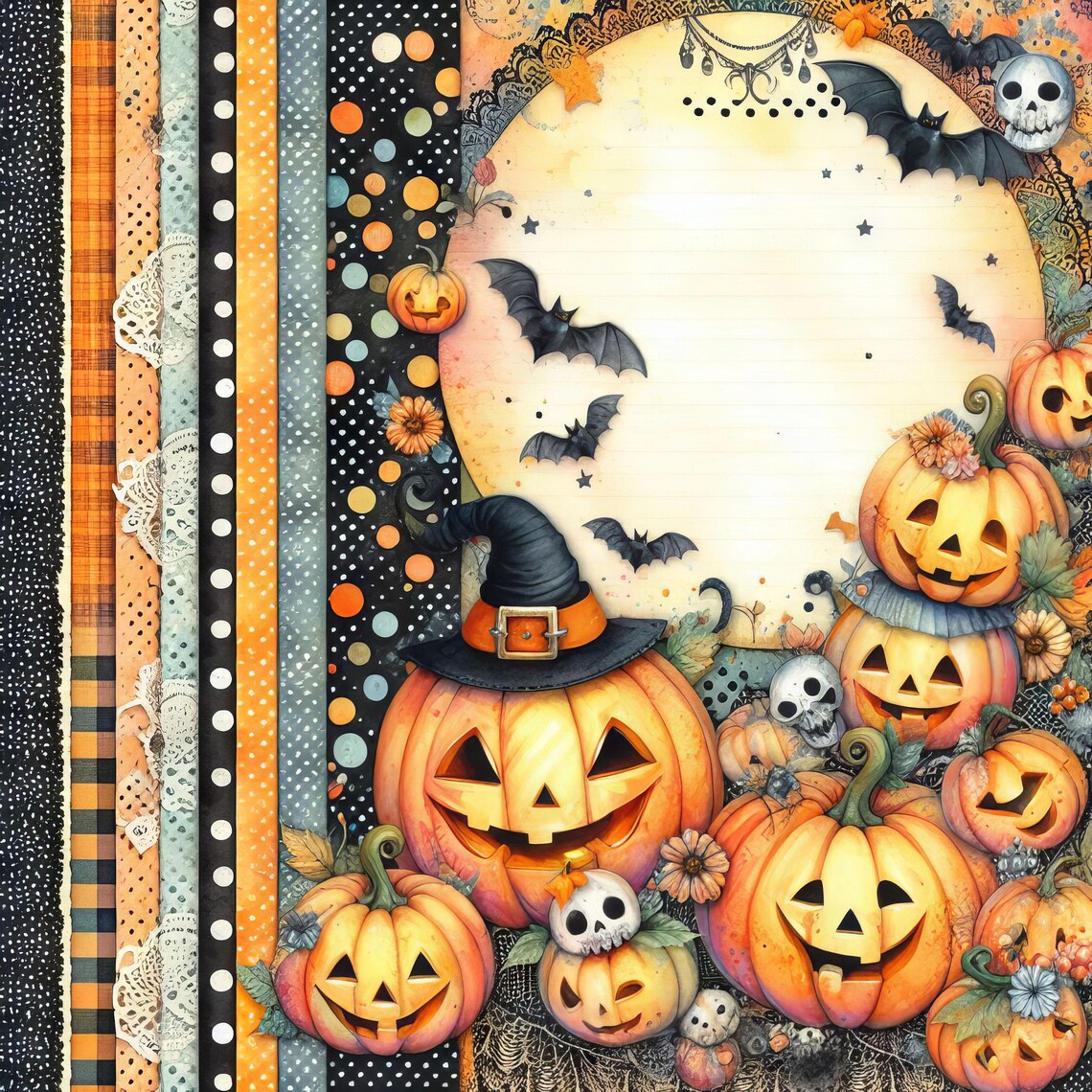 Halloween Calico Jack-o-lantern Paper: Clip Art, 10 High Res Watercolor ...
