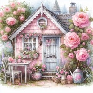 Pink Rose Cottage Clip Art 10 High Res Watercolor Jpgs for Junk ...