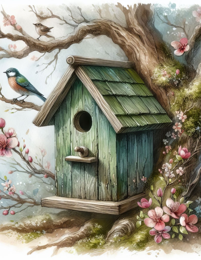 Green Birdhouse: 10 High Res Watercolor Jpgs for Junk Journaling ...