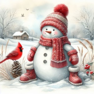 Snowman in Red With Cardinal Clip Art Bundle 10 High Res Watercolor ...