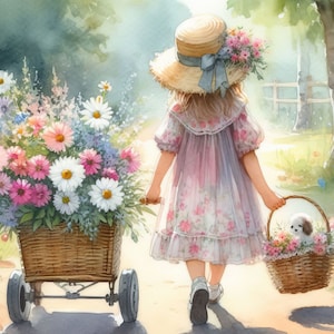 Girl With Flower Cart Clip Art Bundle 10 High Res Watercolor Jpgs Junk ...