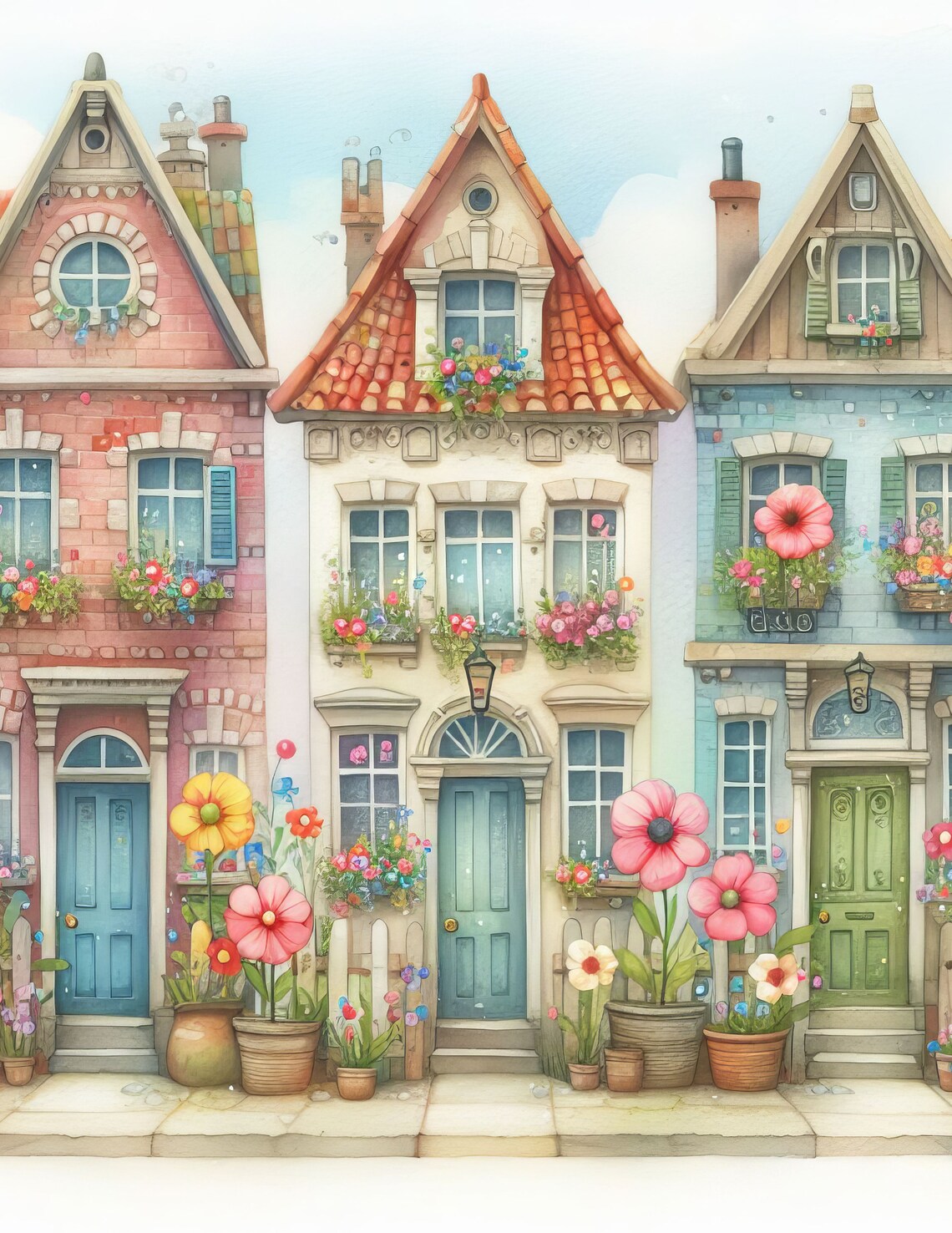 Whimsical Row Houses Clipart Bundle 10 High Res Watercolor Jpgs for Junk Journaling ...