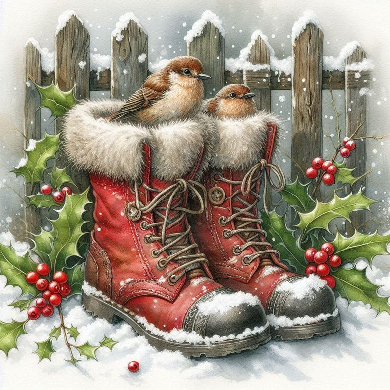 Santa Boots and Birds: Watercolor Clipart, Holiday, Journal Images ...