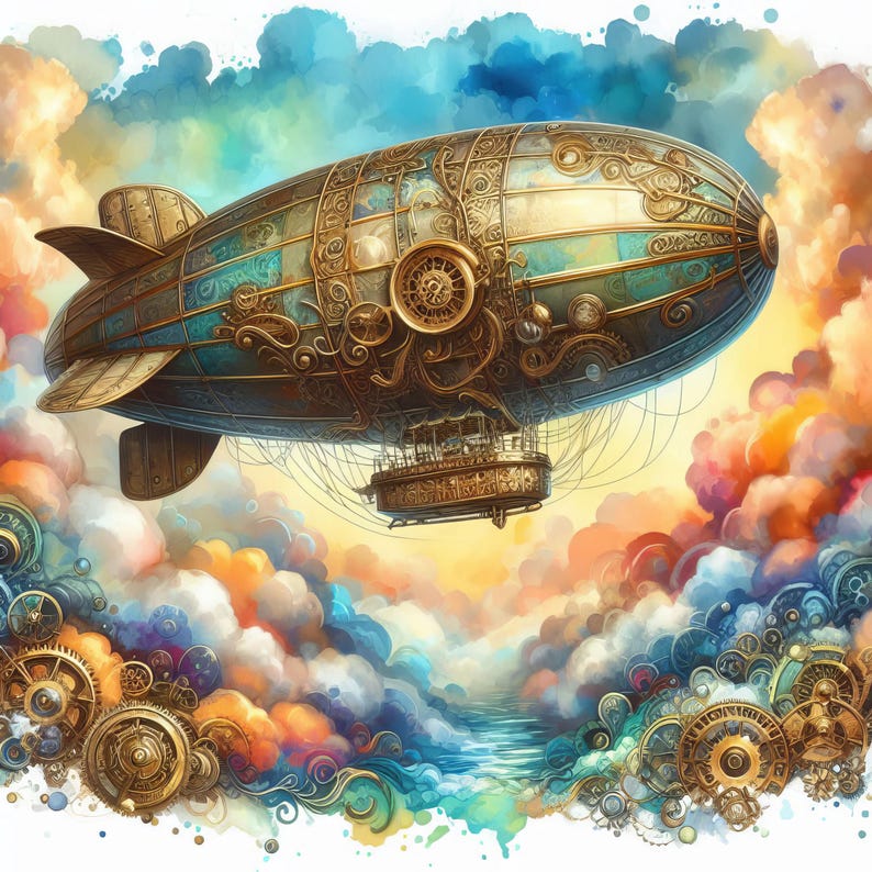 Steampunk Blimp: 10 High Res Watercolor Jpgs, Junk Journaling, Card ...