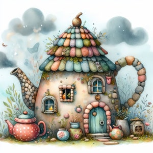 Whimsical Teapot House Clip Art 10 High Res Watercolor Jpgs for Junk ...