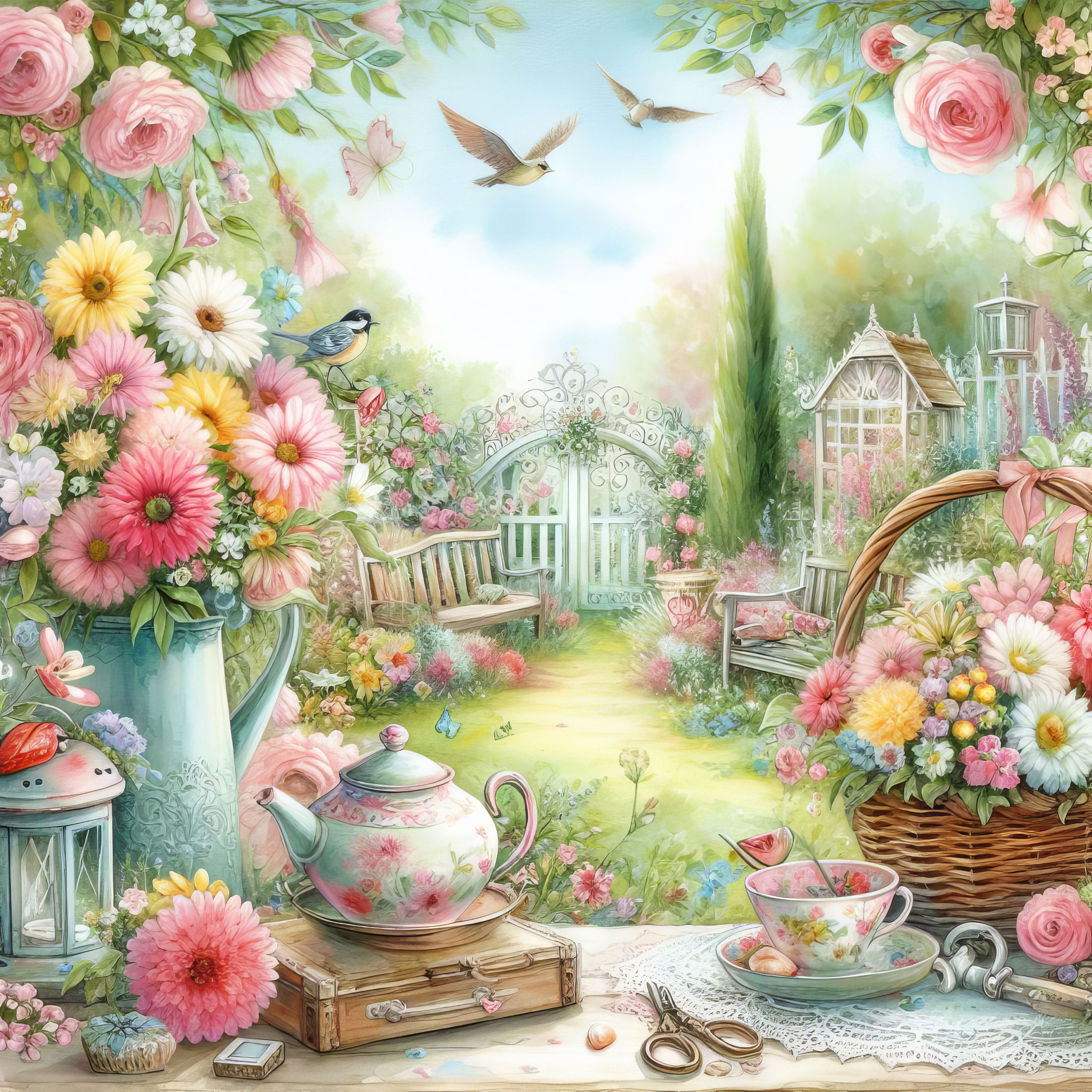 Shabby Chic Spring Garden Clip Art Kit 10 High Res Watercolor Jpgs for ...