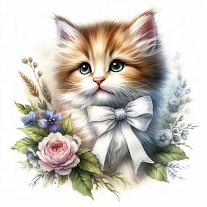 Kitten With White Bow Clip Art Bundle 10 High Res Watercolor Jpgs for ...