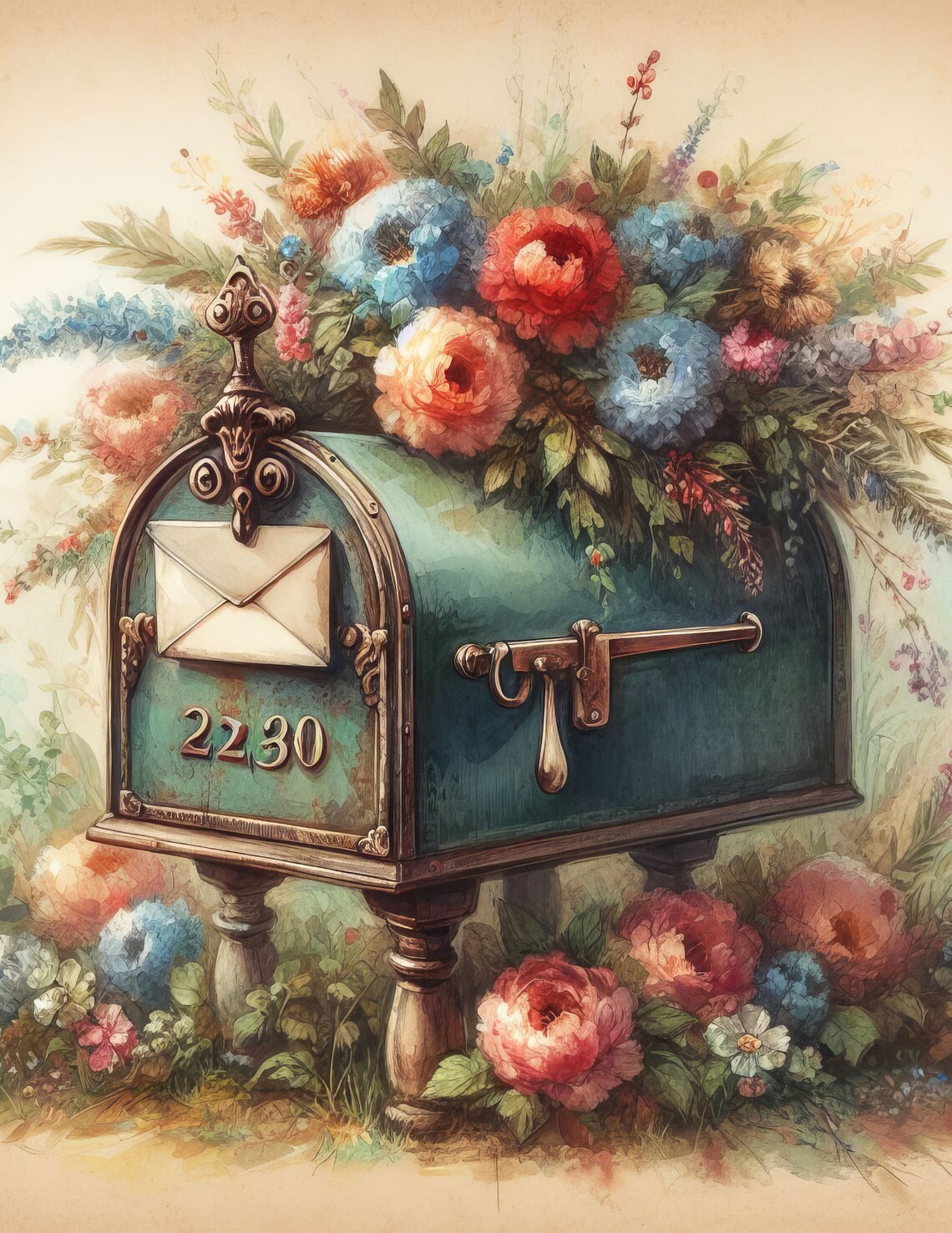 Vintage Mailbox With Flowers Clip Art Bundle 10 High Res Watercolor ...