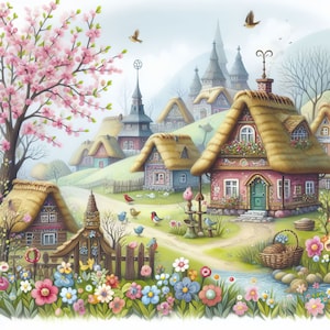 Whimsical Spring Village Art 10 High Res Watercolor Jpgs for Junk ...