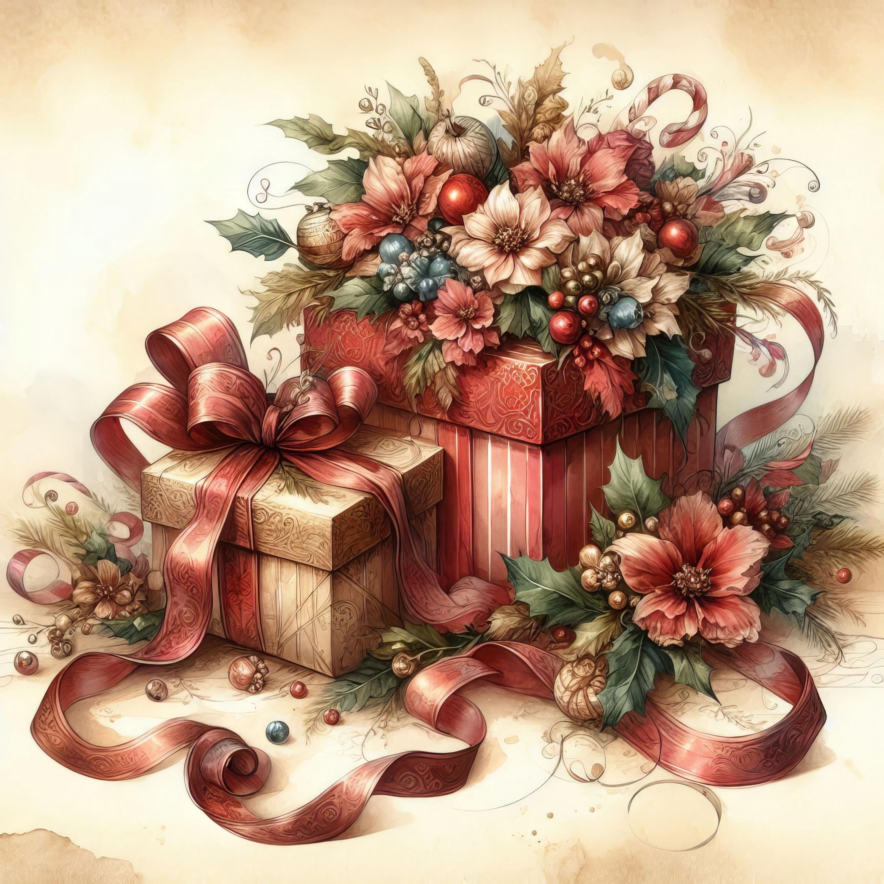 Vintage Christmas Packages: Clip Art, 10 High Res Watercolor Jpgs, Junk ...
