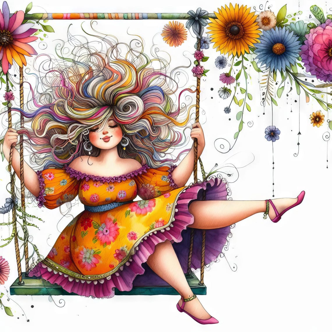Quirky Curvy Lady on a Swing 10 High Res Watercolor Jpgs Junk ...