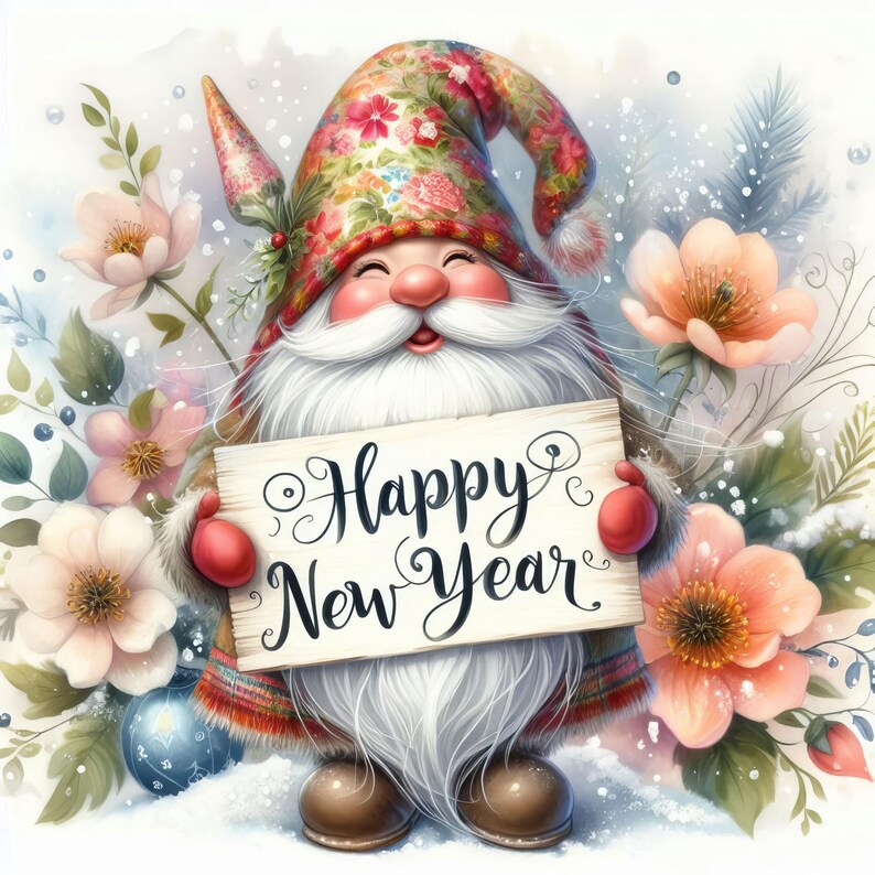 Happy New Year Gnome: 10 High Res Watercolor Jpgs, Junk Journaling ...