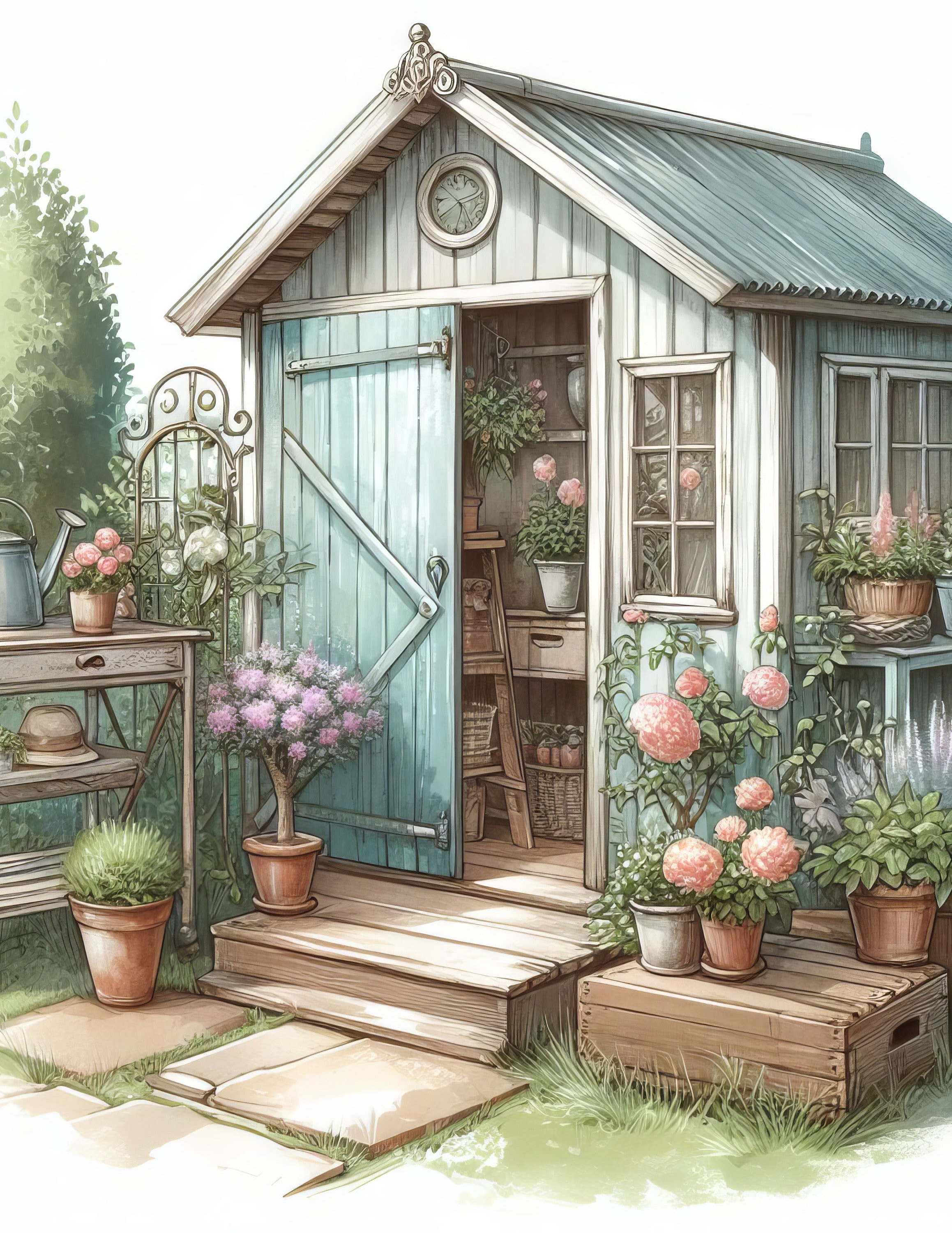 Shabby Chic Garden Shed: 10 High Res Watercolor Jpgs, Junk Journaling ...