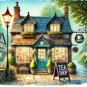 Village Tea Shop: 10 High Res Watercolor Jpegs Junk Journaling ...