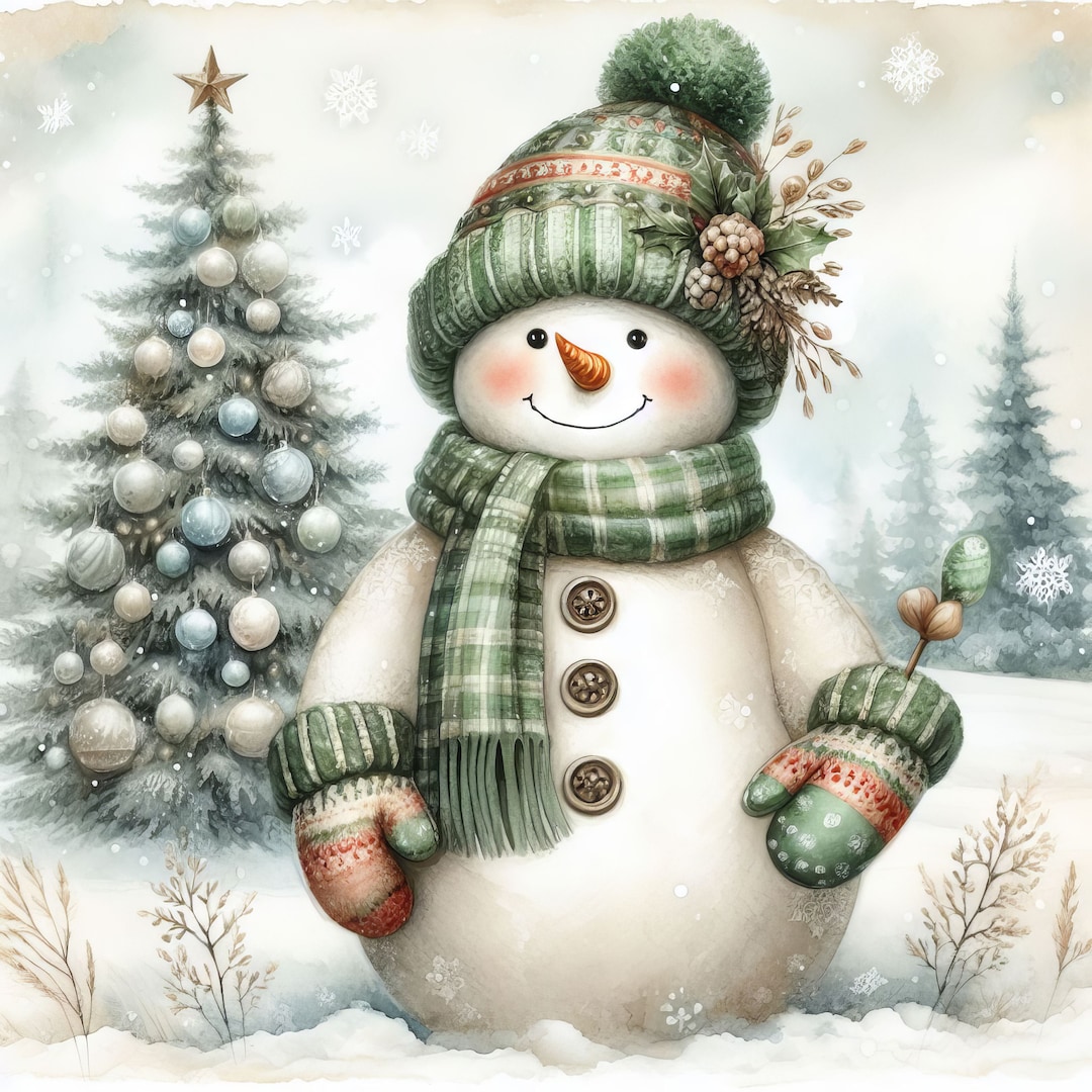 Snowman in Green With Christmas Tree: Clip Art, 10 High Res Watercolor ...
