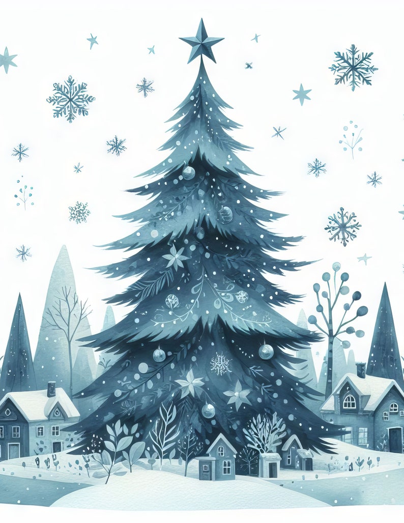 Nordic Blue Christmas Tree: Clip Art, 10 High Res Watercolor Jpgs, Junk ...