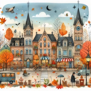Whimsical Autumn City Clip Art 10 High Res Watercolor Jpgs Junk ...