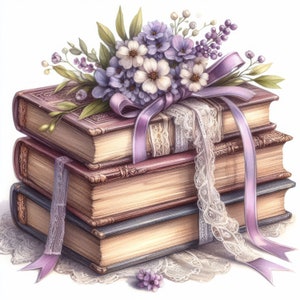 Books and Flowers Purple Clip Art 10 High Res Watercolor Jpgs for Junk ...