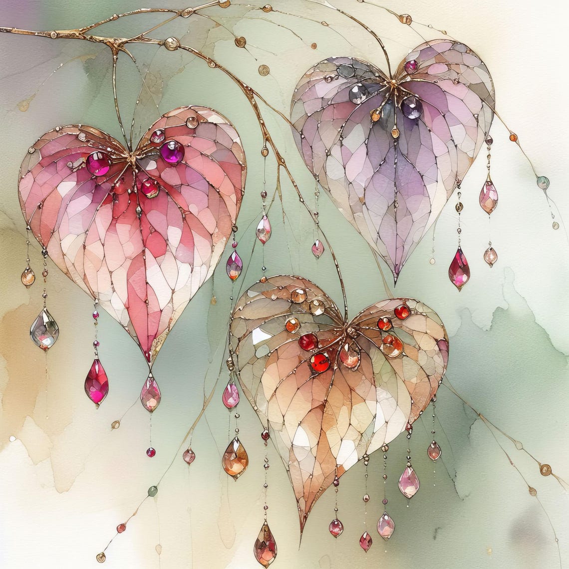 Jeweled Heart Leaves: 10 High Res Watercolor Jpgs, Junk Journaling ...