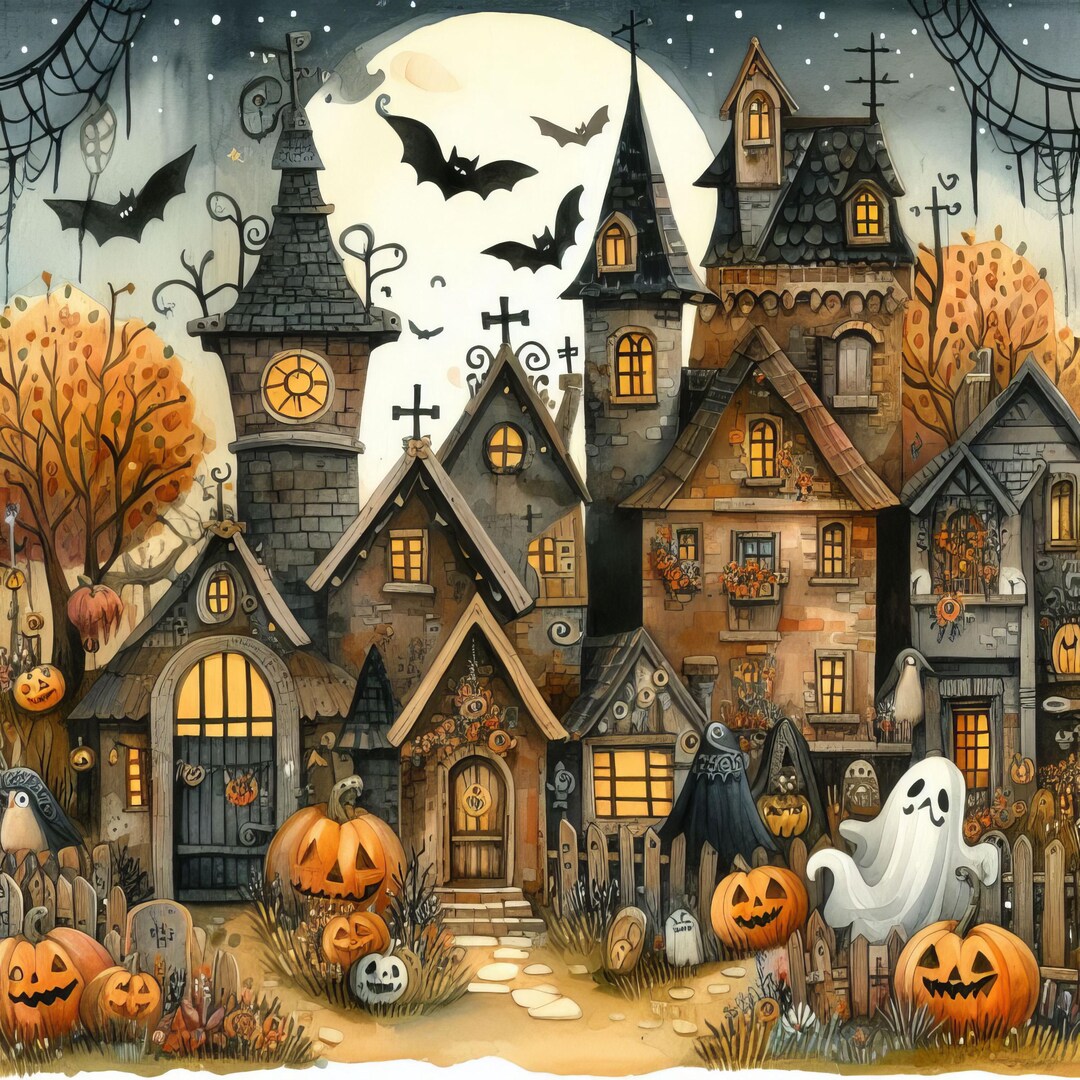 Whimsical Halloween Town: 10 High Res Watercolor Jpgs Junk Journaling ...