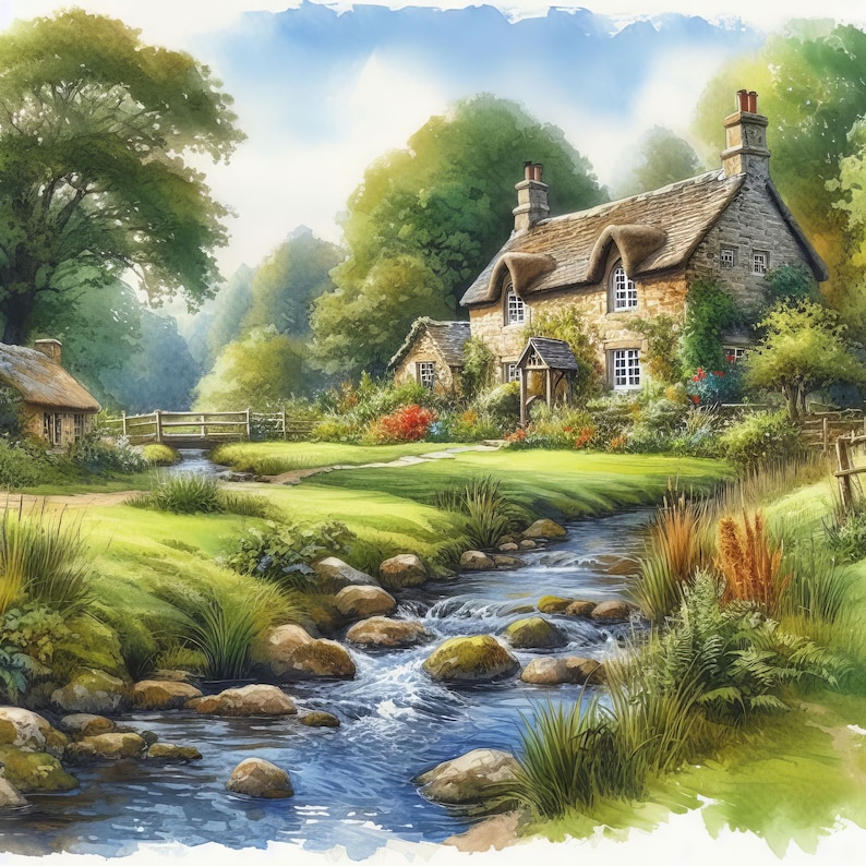 English Cottage by Stream Clip Art Bundle 10 High Res Watercolor Jpgs ...