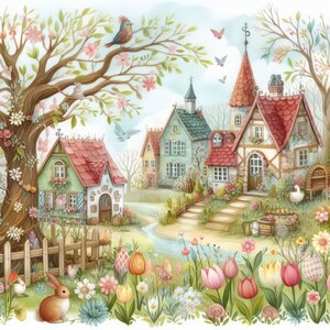 Whimsical Spring Village Art 10 High Res Watercolor Jpgs for Junk ...