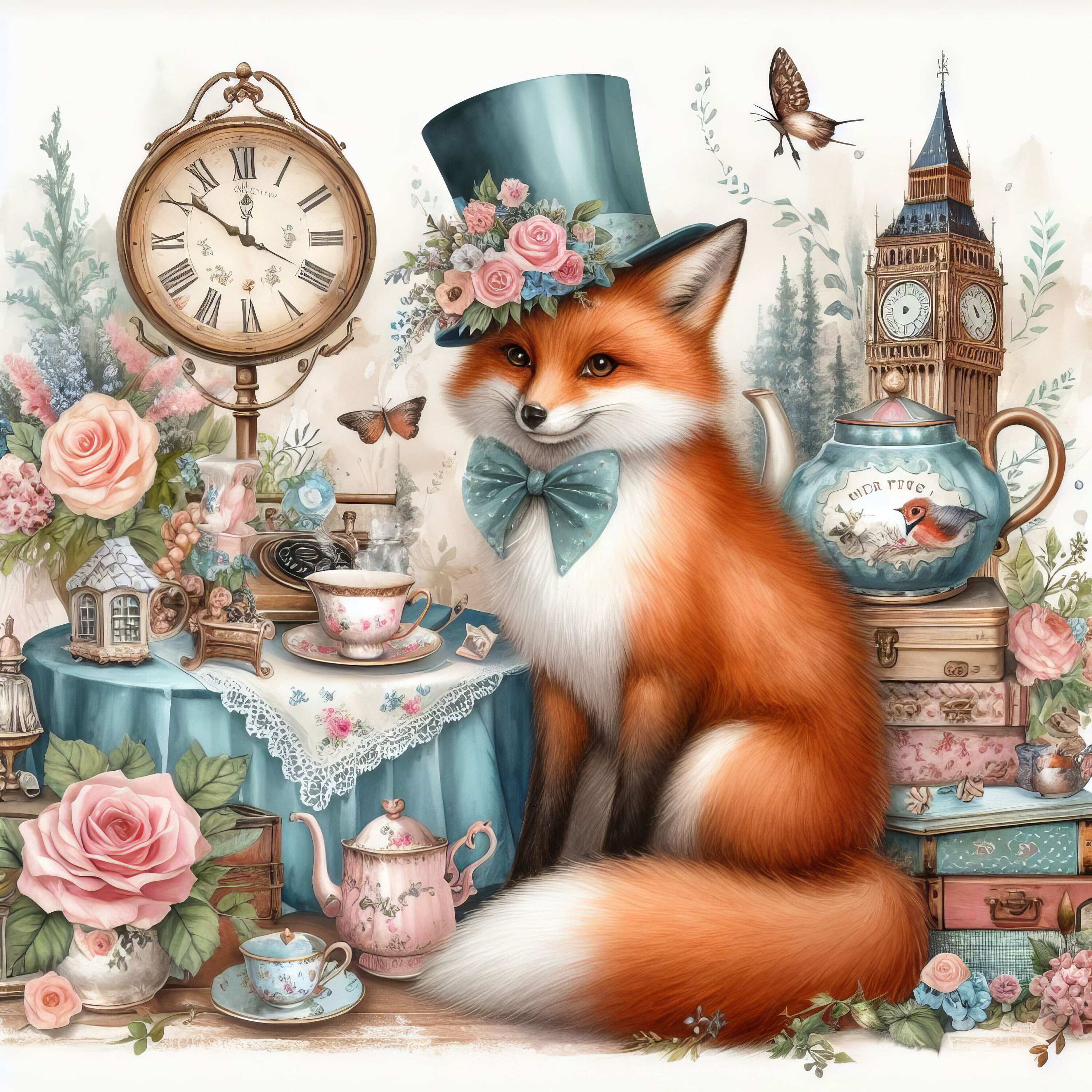Shabby Chic Fox: Clip Art, 10 High Res Watercolor Jpgs, Junk Journaling ...
