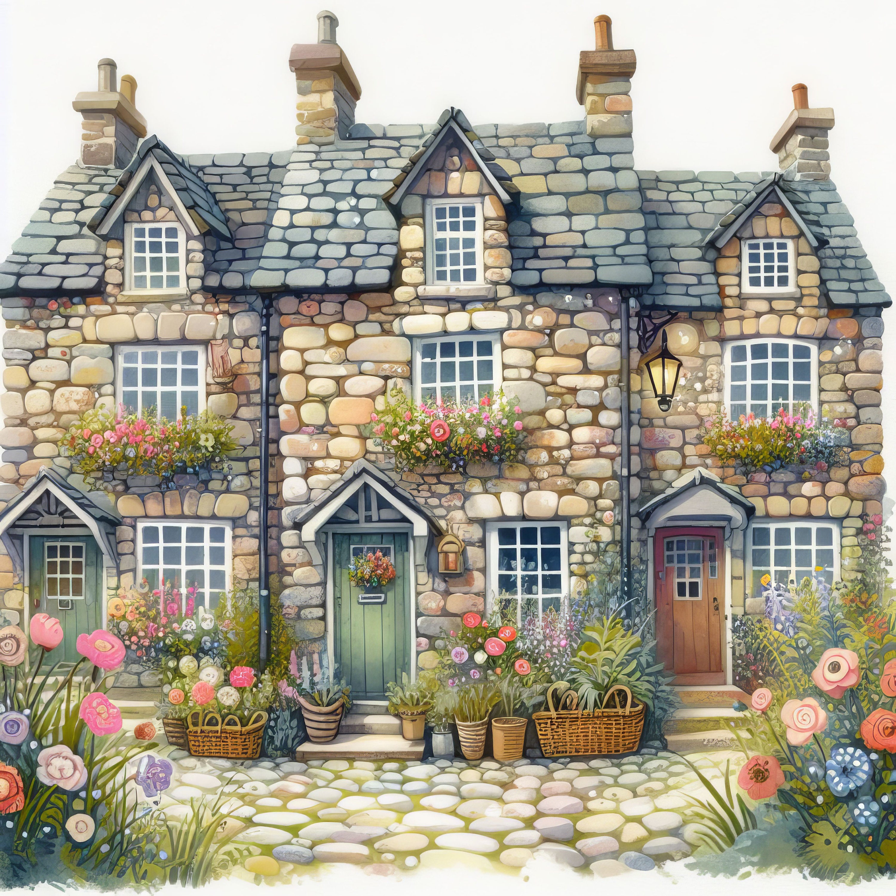 Whimsical Stone Row Houses Clip Art 10 High Res Watercolor Jpgs Junk ...