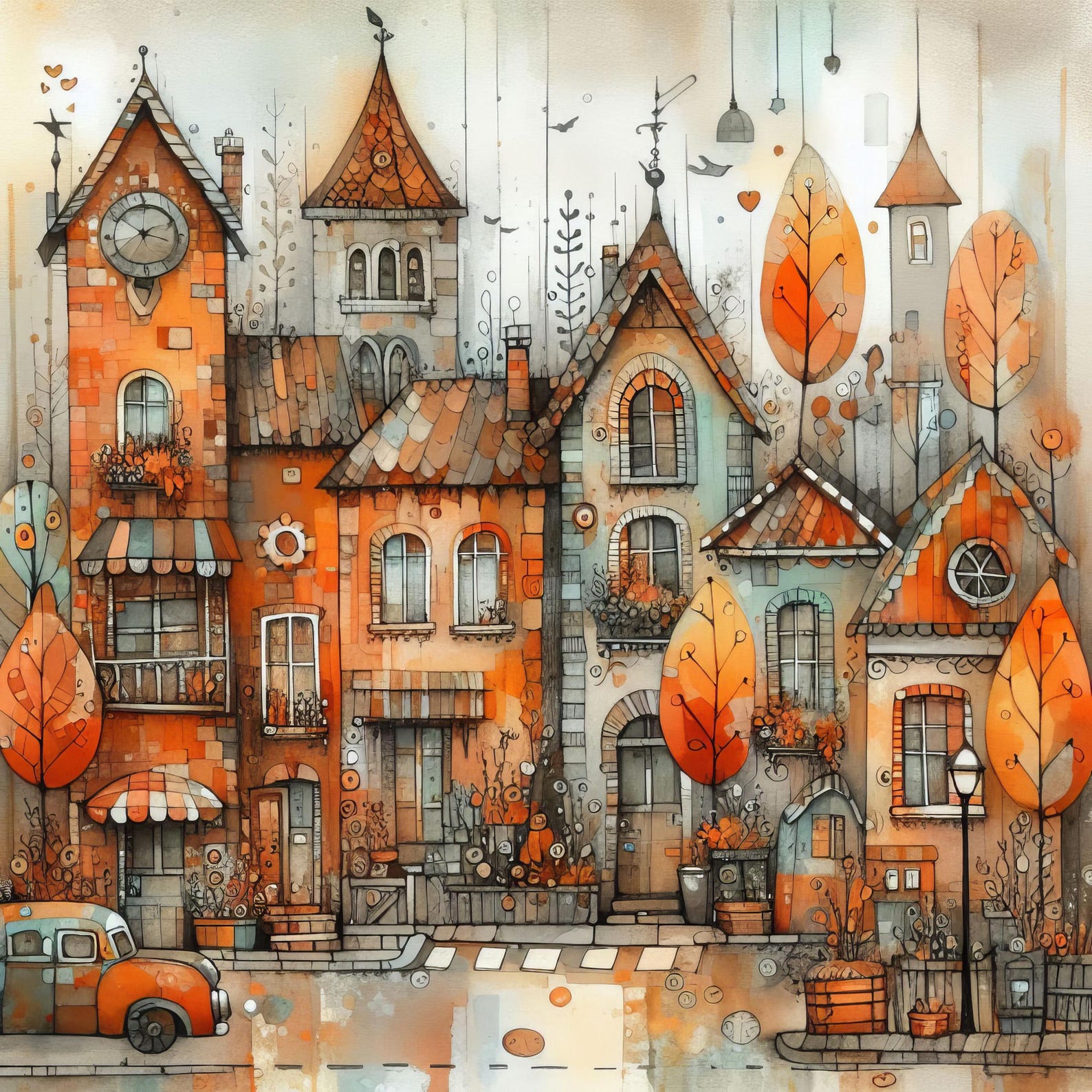 Quirky Fall Town 10 High Res Watercolor Jpgs Junk Journaling ...
