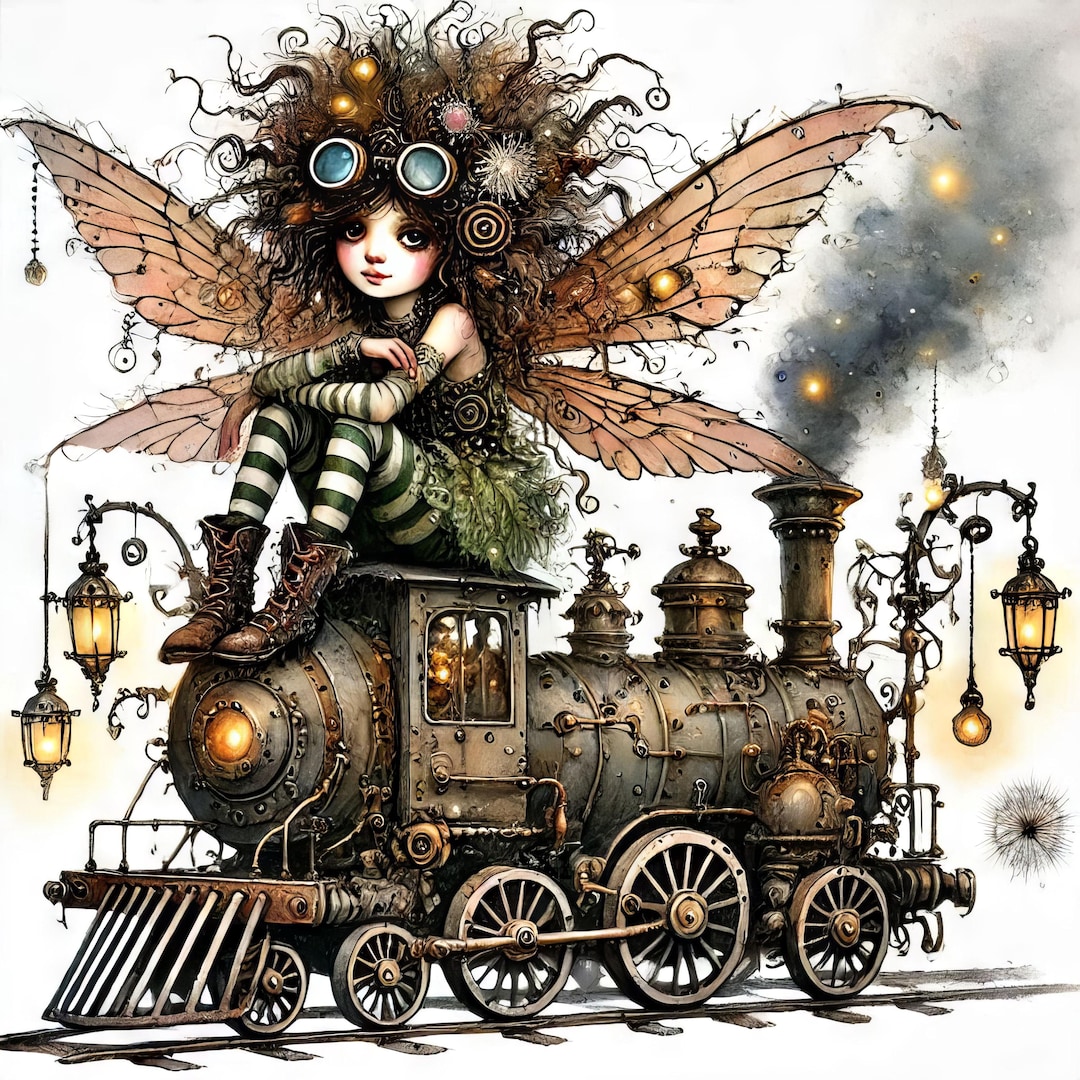 Steampunk Fairy and Train 10 High Res Watercolor Jpgs Junk Journaling ...