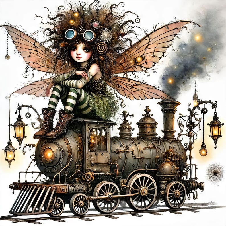 Steampunk Fairy and Train 10 High Res Watercolor Jpgs Junk Journaling ...