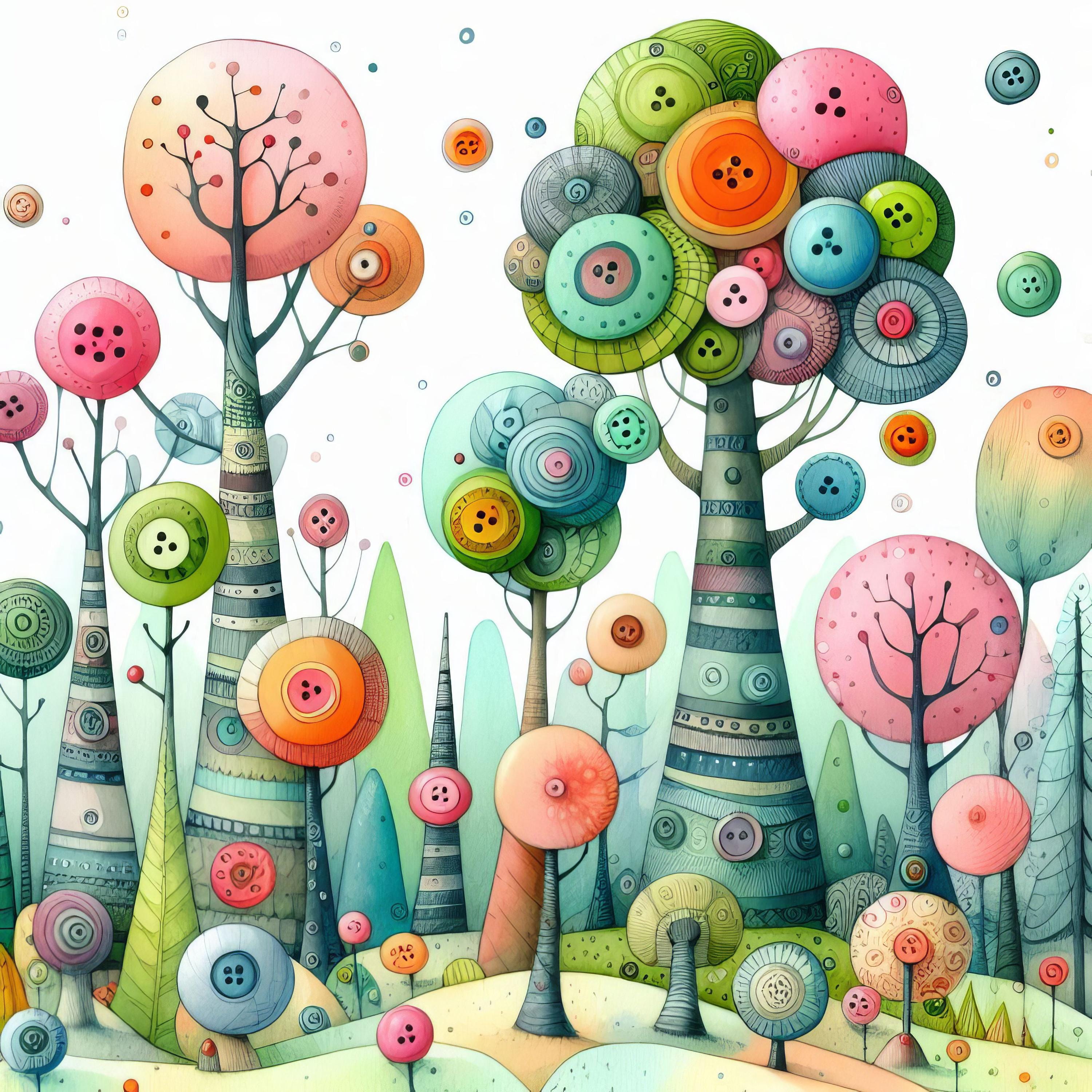 Quirky Button Tree Forest 10 High Res Watercolor Jpgs for Junk ...