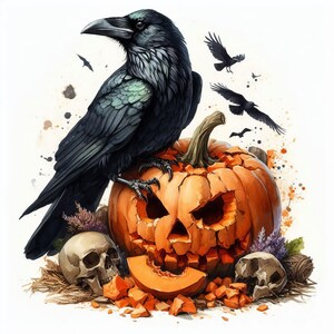 Raven With Pumpkin 10 High Res Watercolor Jpgs Junk Journaling, Card ...