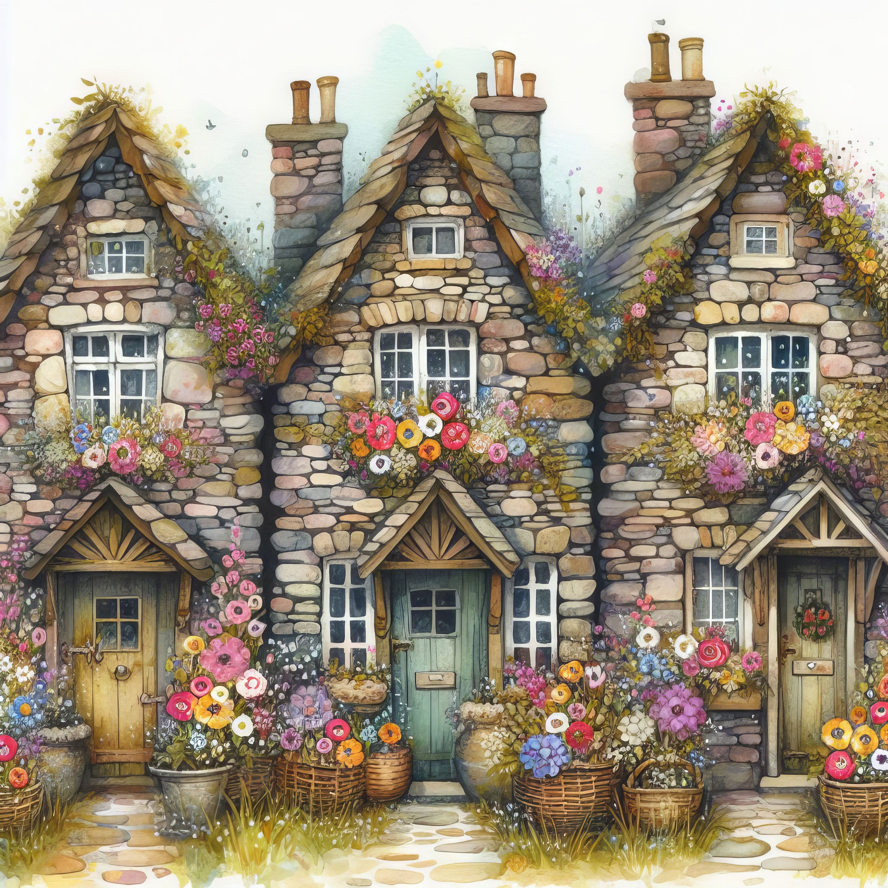 Whimsical Stone Row Houses Clip Art 10 High Res Watercolor Jpgs Junk ...