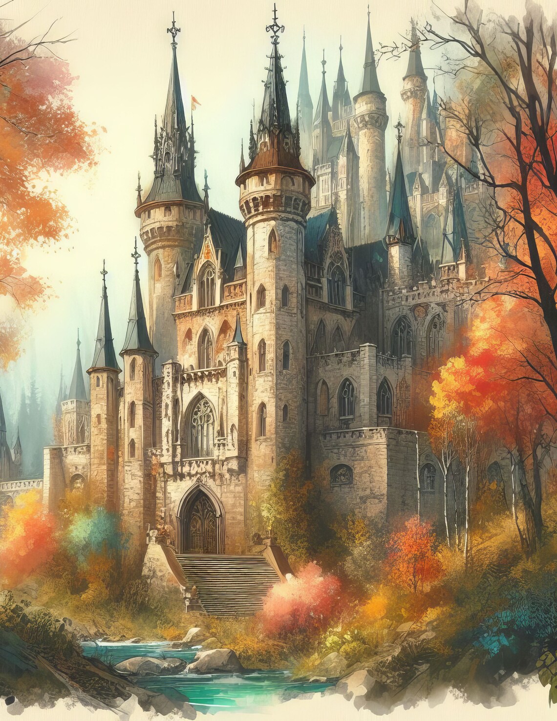 Fall Castle: Clip Art Bundle 10 High Res Watercolor Jpgs for Junk ...