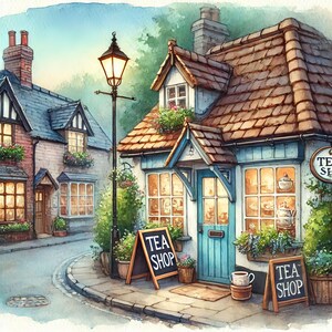 Village Tea Shop: 10 High Res Watercolor Jpegs Junk Journaling ...