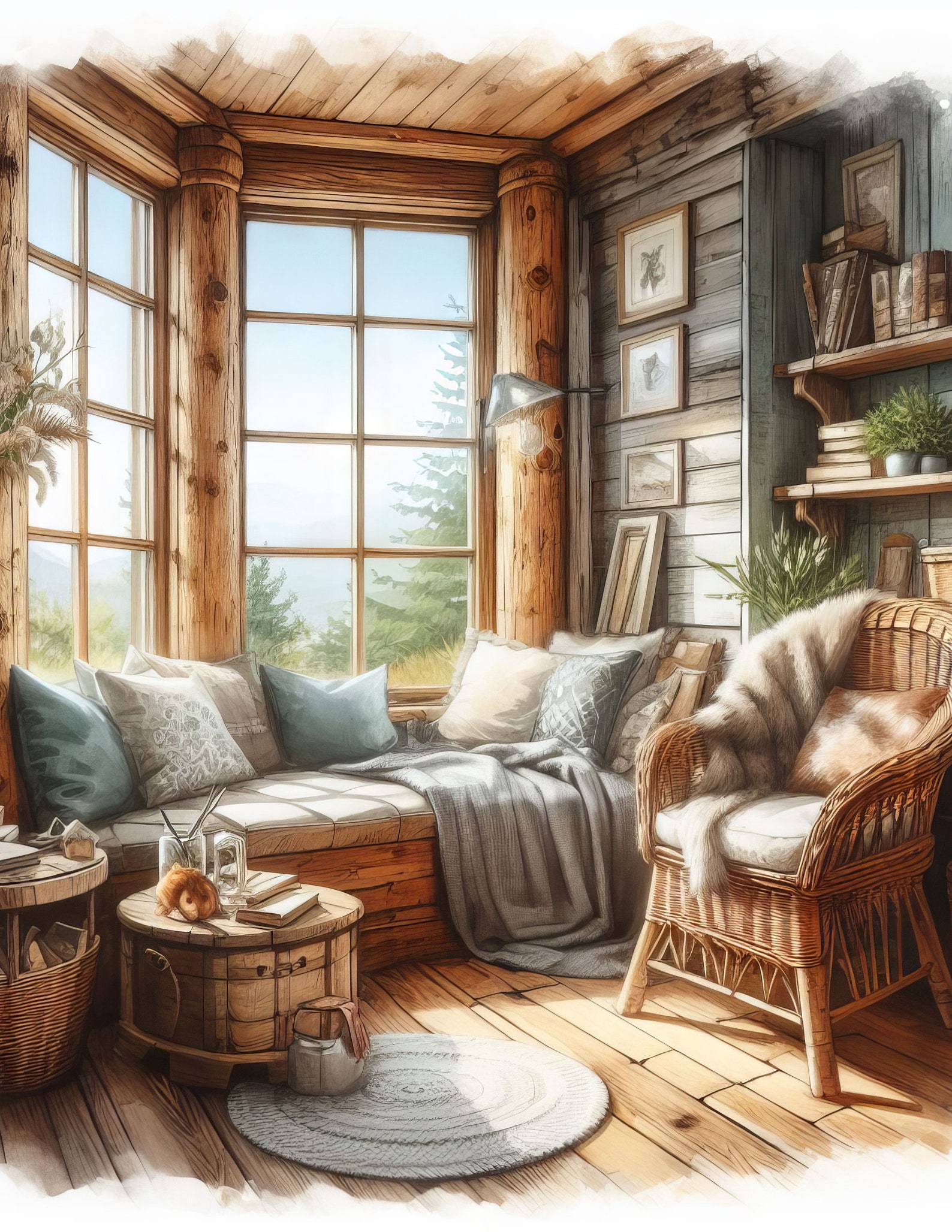 Bay Window Reading Nook: Clipart Bundle 10 High Res Watercolor Jpgs for ...