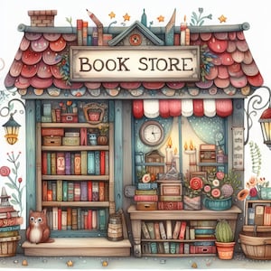 Whimsical Book Store Clip Art 10 High Res Watercolor Jpgs Junk ...