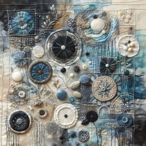 Blue Boho Fabric Collage: 10 High Res Watercolor Jpgs, Junk Journaling ...