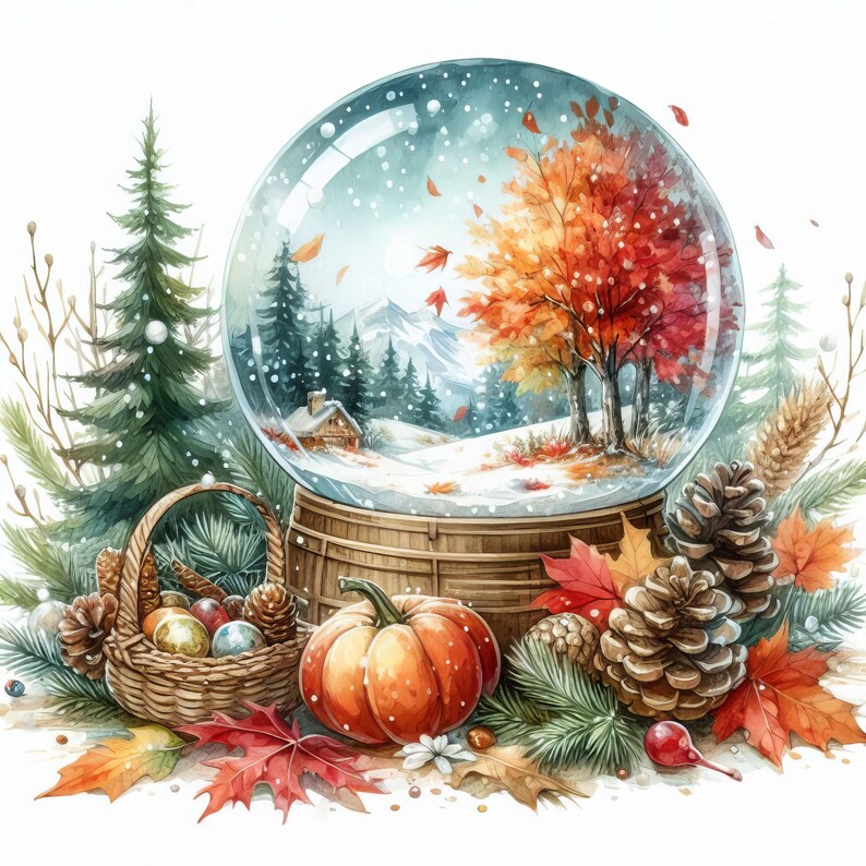 Fall Snow Globe: 10 High Res Watercolor Jpgs for Junk Journaling ...