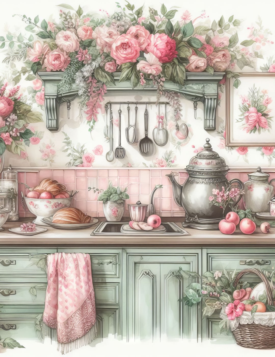 Shabby Chic Pink and Green Kitchen Clipart Bundle 10 High Res ...