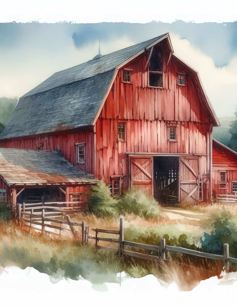 Old Red Barn Clipart Bundle 10 High Res Watercolor Jpgs for Junk Journaling, Scrapbooking, Paper ...