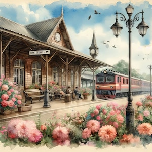 Vintage Railroad Station Clip Art Bundle 10 High Res Watercolor Jpgs ...